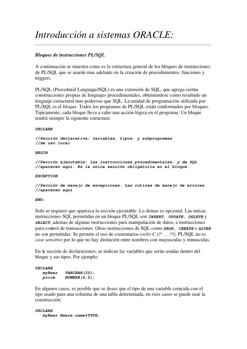 PDF de programación - Introducción a sistemas ORACLE: Bloques de instrucciones PL/SQL